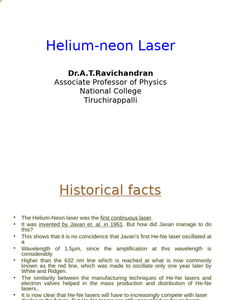 Helium-Neon Laser Overview and Applications | PDF | Laser | Electromagnetic Radiation