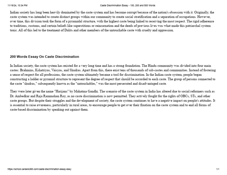 Caste Discrimination Essay - 100, 200 and 500 Words | PDF