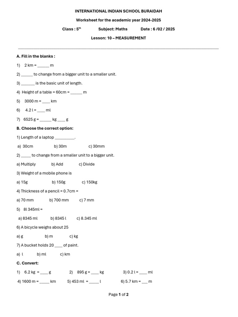 Class 5 Measurement Worksheet | PDF