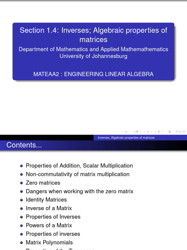 1.4 Inverses_ Algebraic properties of matrices | PDF | Matrix (Mathematics) | Functions And Mappings