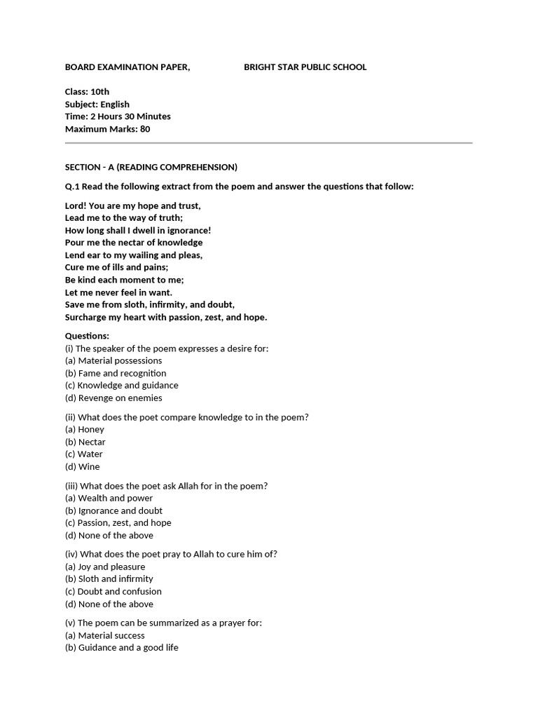 Board Examination Paper 10TH Eng | PDF