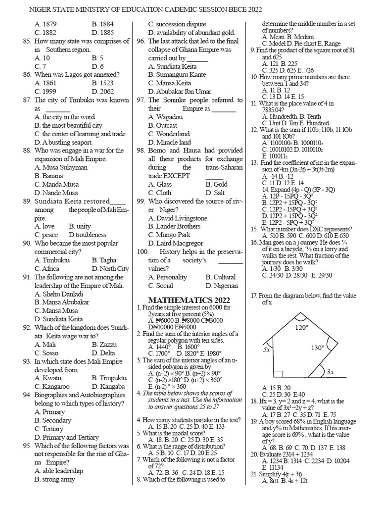 NIGER STATE EXAMINATION BECE 2022 QUESTIONS | PDF | Decimal