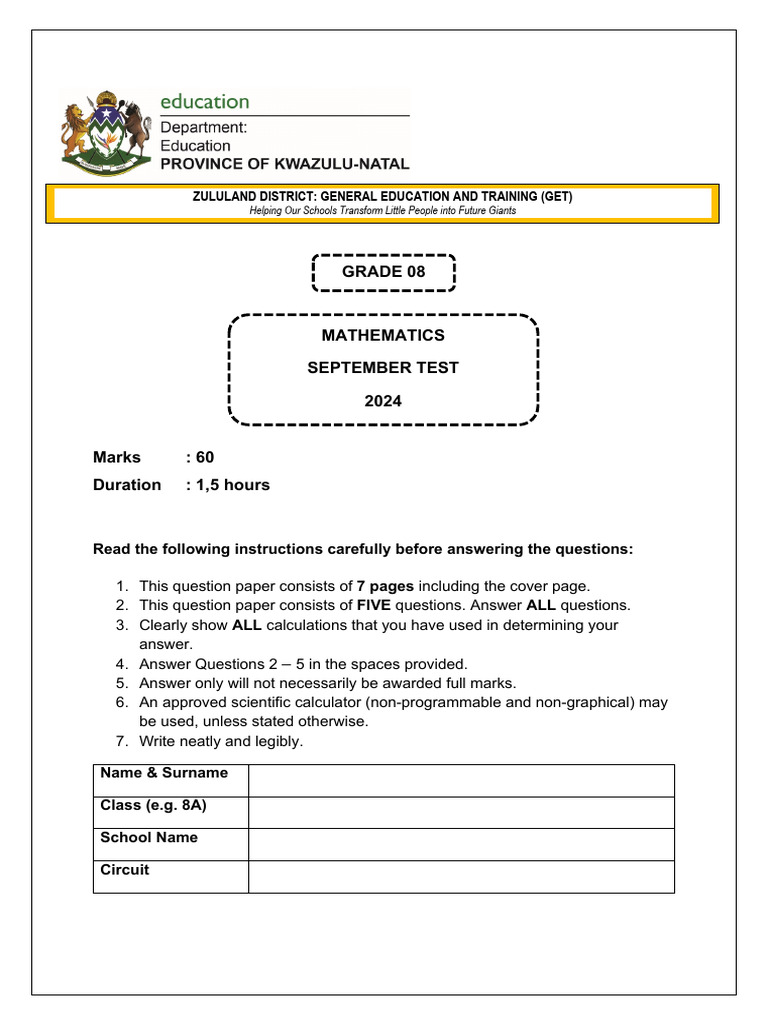 Final Mathematics Grade 8 September 2024 Test Pdf Elementary