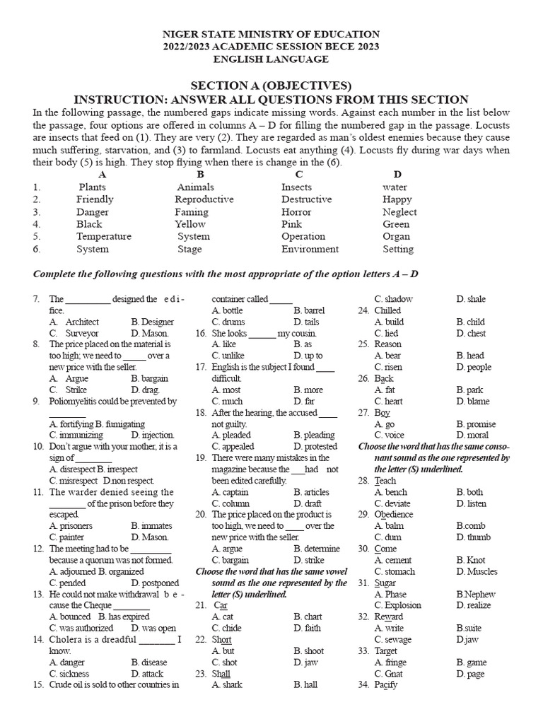 NIGER STATE BECE 2023 QUESTIONS | PDF | Equations