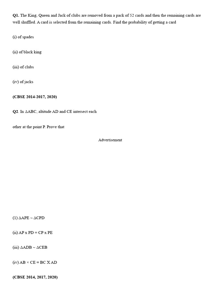 CBSE Class 10 Maths Most Repeated Questions - Last 10 Year CBSE Most ...