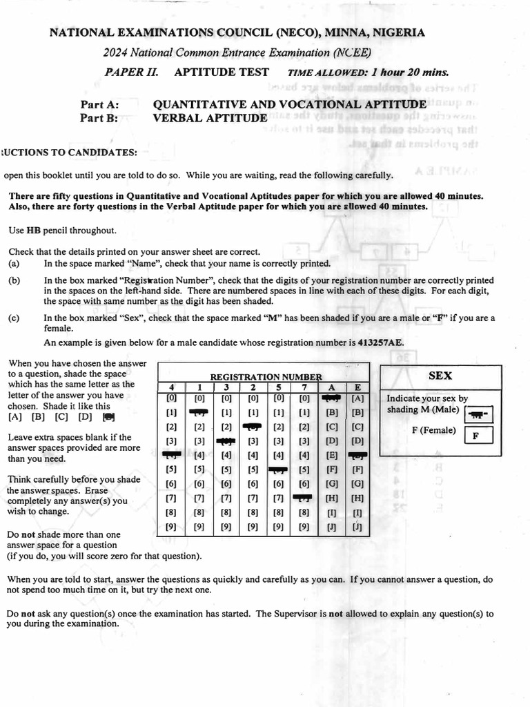 Neco Ncee 2024 National Common Entrance Examination (Ncee) | PDF