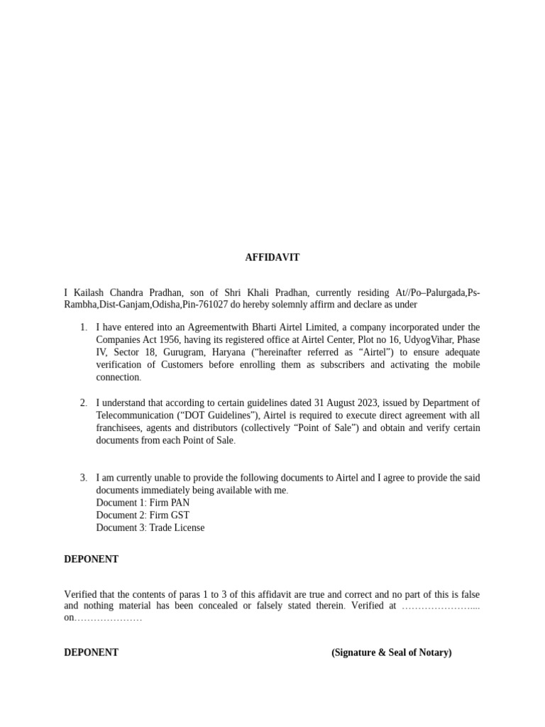 Affidavit for Airtel Subscriber Verification | PDF