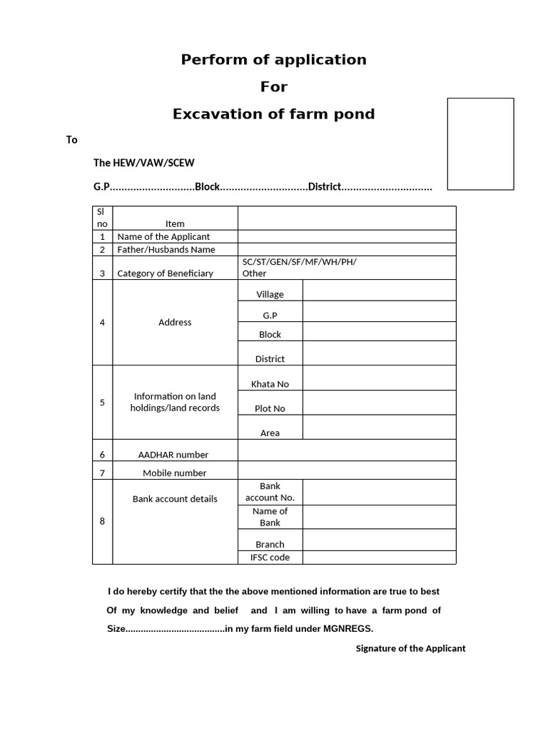 Farm Pond Application Form for MGNREGS | PDF