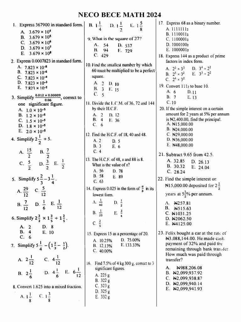 Neco Bece Examination 2024 Past Questions | PDF | Area | Elementary ...