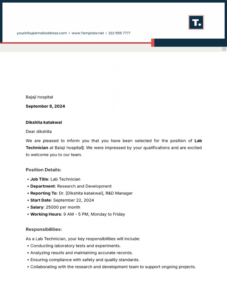 Free Lab Technician Design Appointment Letter Template | PDF