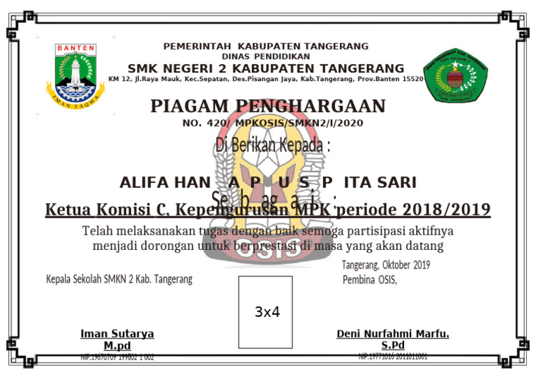 Contoh SERTIFIKAT RESMI MPK DAN OSIS | PDF