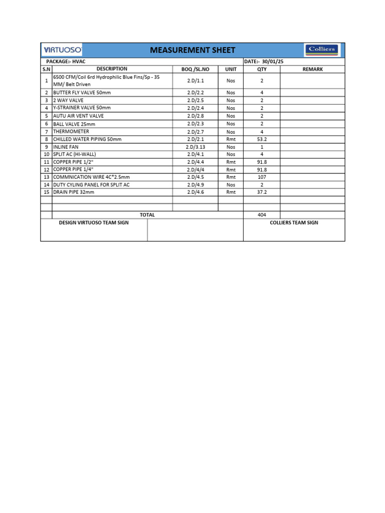 HVAC Measurement Sheet and BOQ | PDF