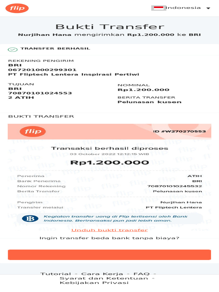 Bukti Transfer BRI dari Fliptech | PDF