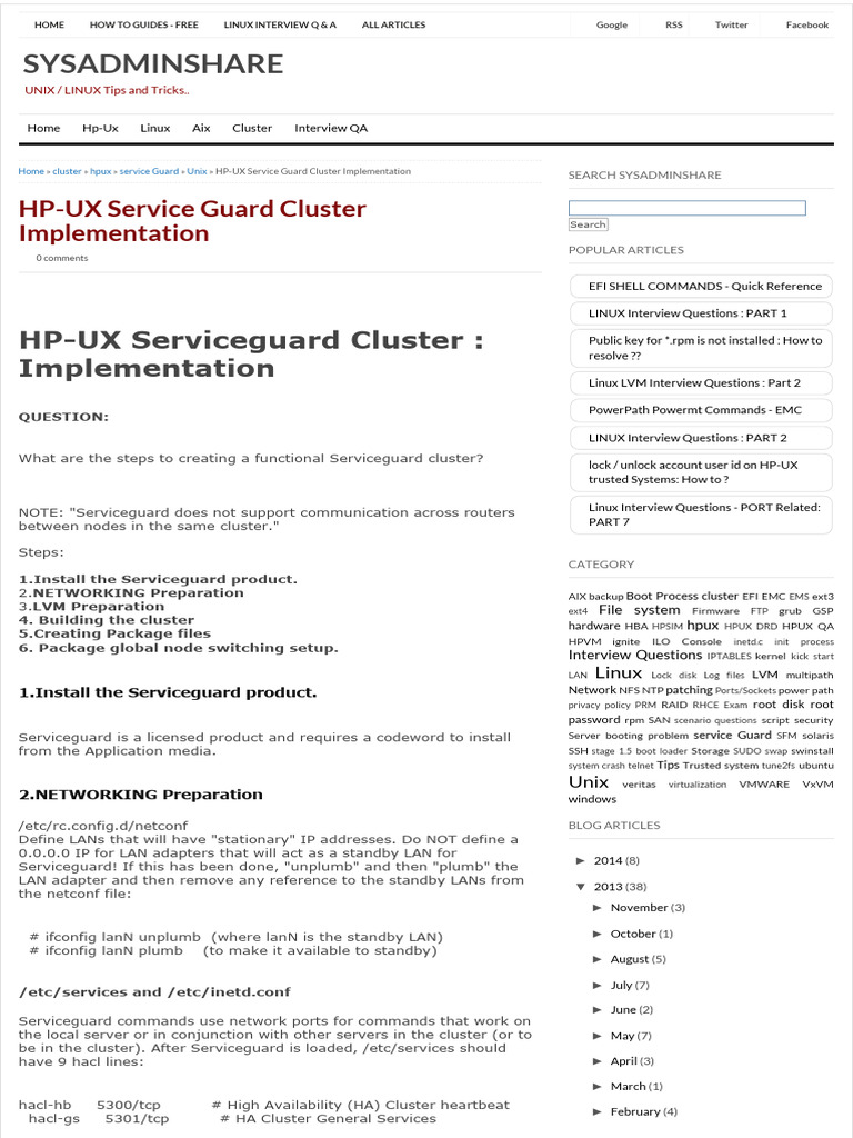 HP-UX Service Guard Cluster Implementation - SYSADMINSHARE | PDF ...