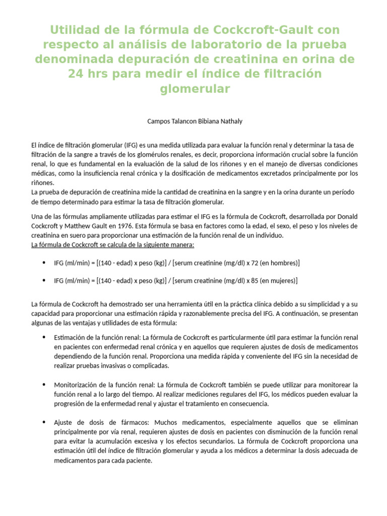 Utilidad de la fórmula de Cockcroft | PDF | Medicina CLINICA ...