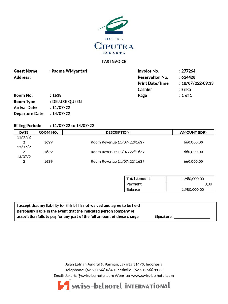 Swiss-Belhotel Invoice for Padma Widyantari | PDF