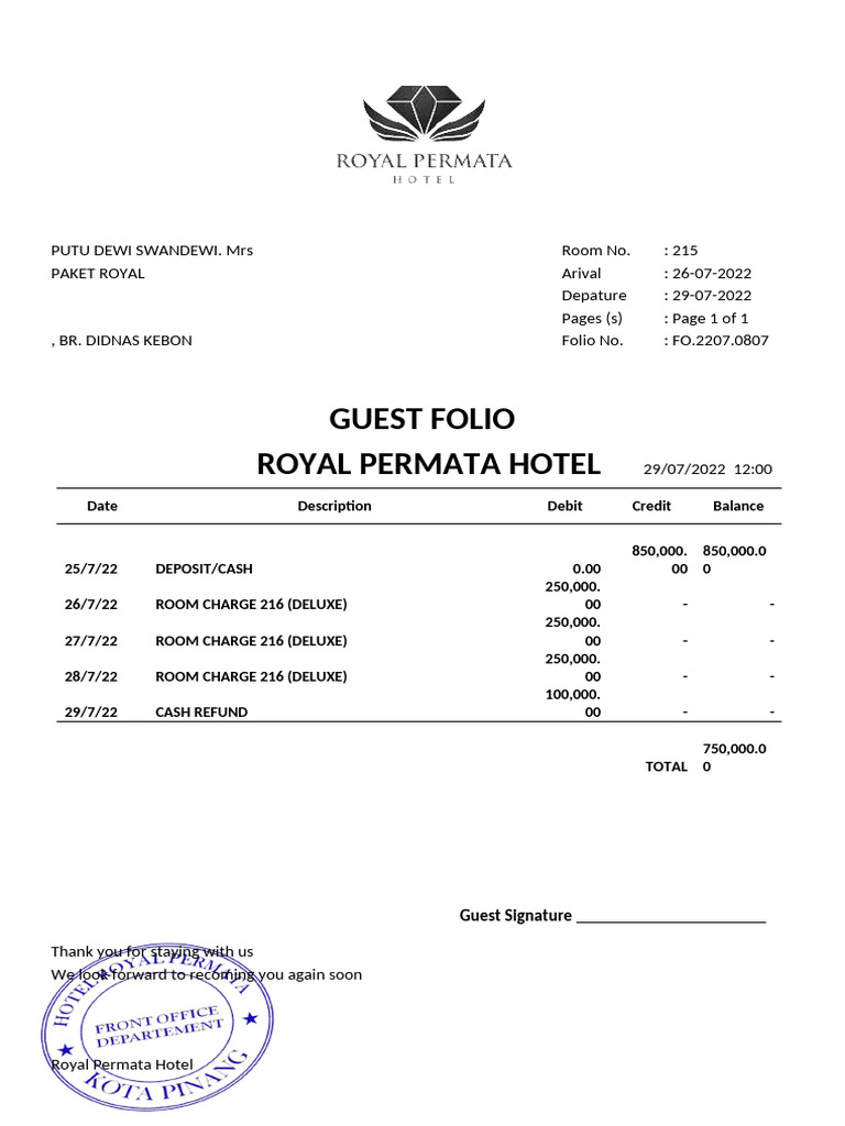 Royal Permata Hotel Guest Folio | PDF