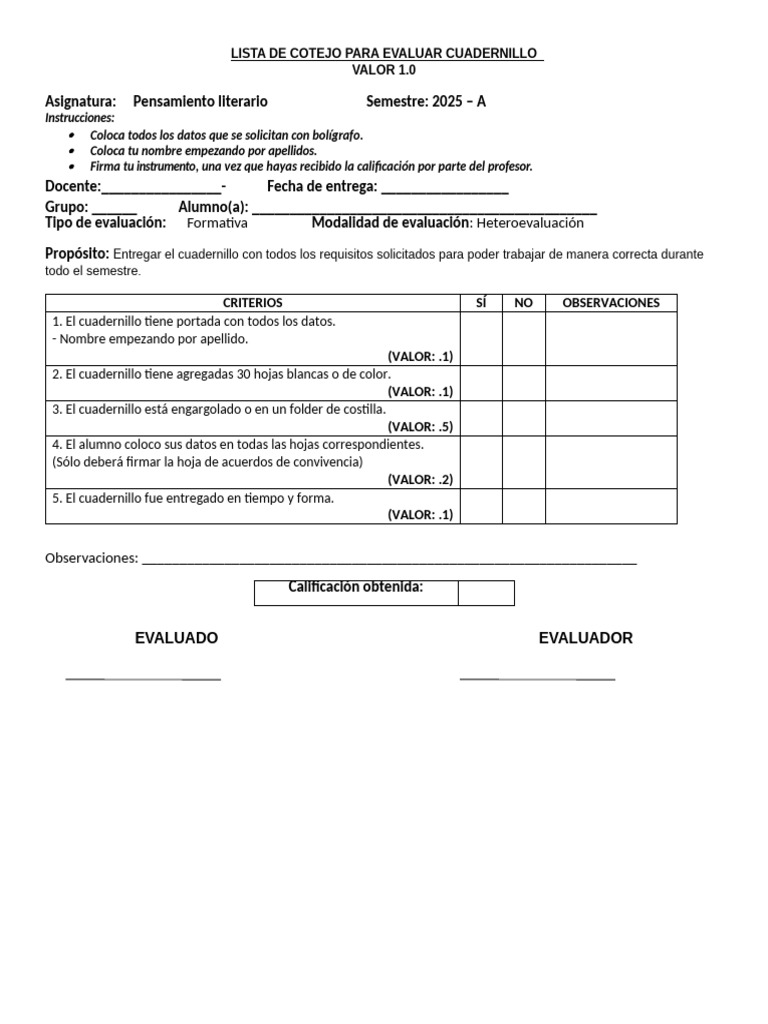Lista de Cotejo para Evaluar Cuadernillo | PDF