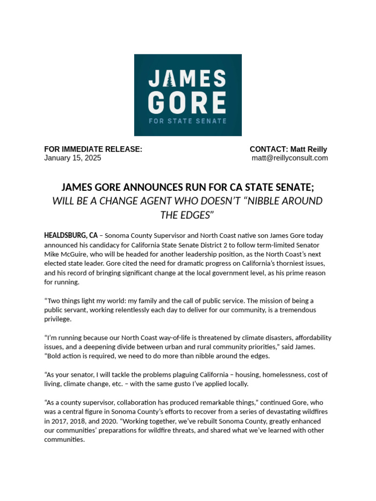 JG Release - James Gore Running For Senate | PDF | California | Natural ...
