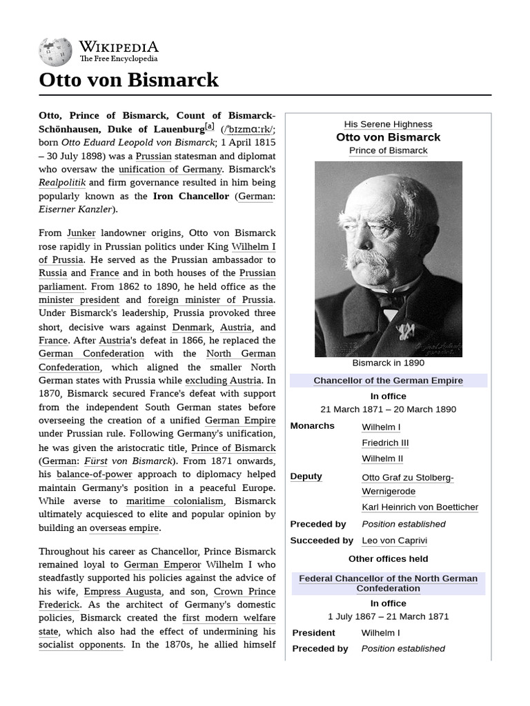 Otto Von Bismarck | PDF | Otto Von Bismarck | German Empire