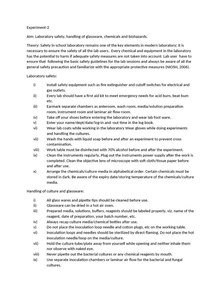 Experiment 2 Laboratory Safety, Handling of Glassware, Chemicals and ...