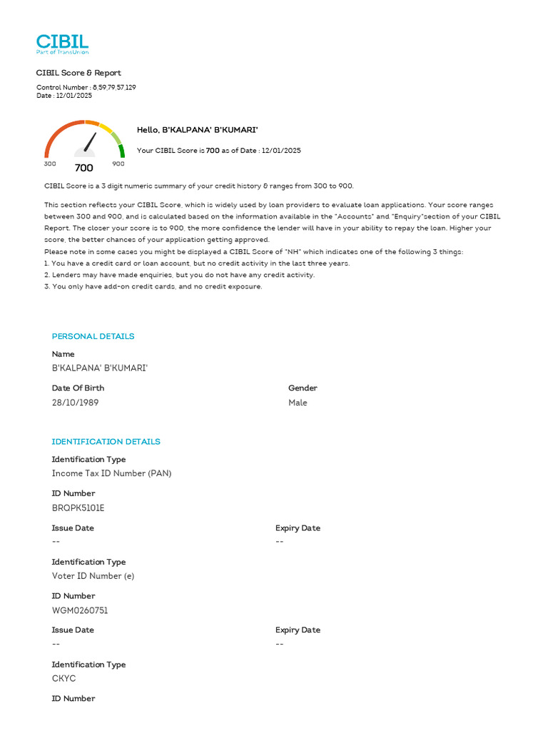 Score Report - Cibil Dashboard | PDF | Line Of Credit | Credit