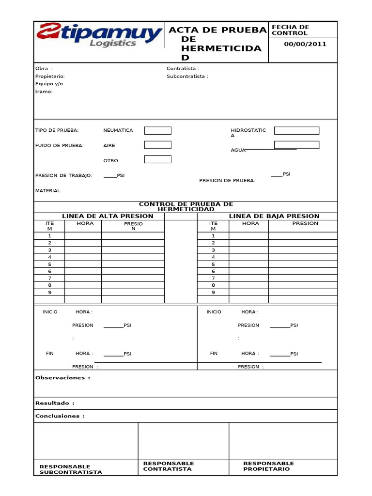 Formato Acta de Prueba de Hermeticidad | PDF | Presión | Mecánica de fluidos