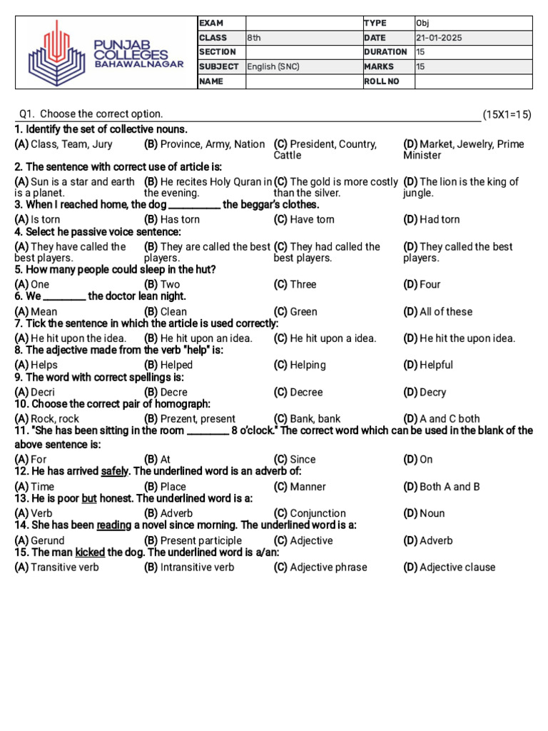 English Grammar Quiz for 8th Grade | PDF | Verb | Adverb