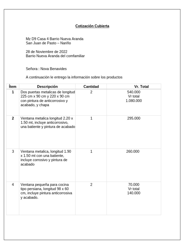 Cotizacion Puerta y Ventana | PDF