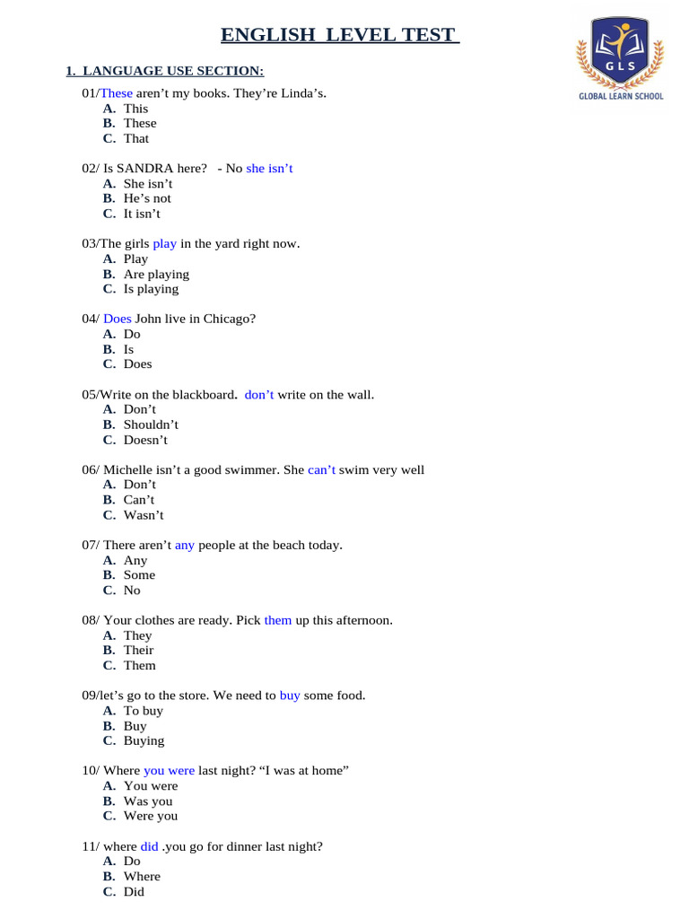 English Level Test - Gls | PDF | Lunch | Meal