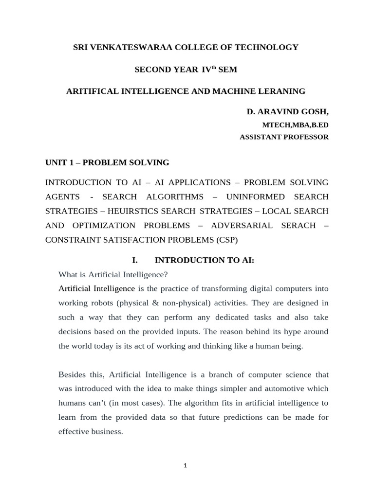 Unit 1 Problem Solving Aiml Pdf Applied Mathematics Theoretical Computer Science 