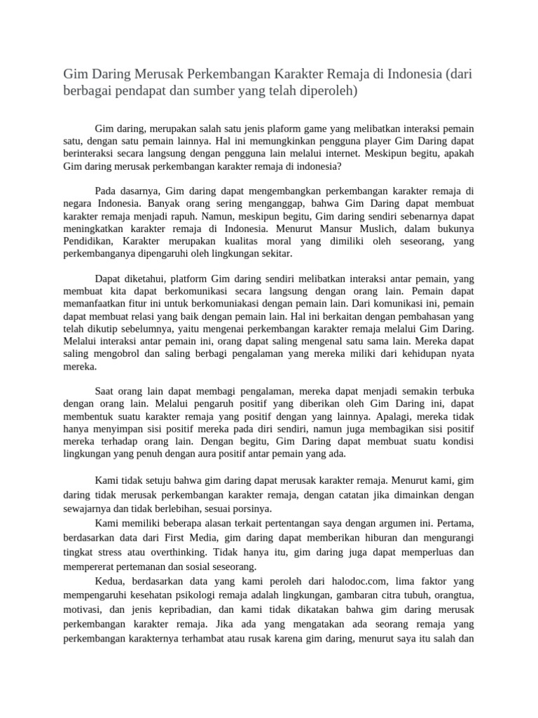 Gim Daring Merusak Perkembangan Karakter Remaja Di Indonesia | PDF
