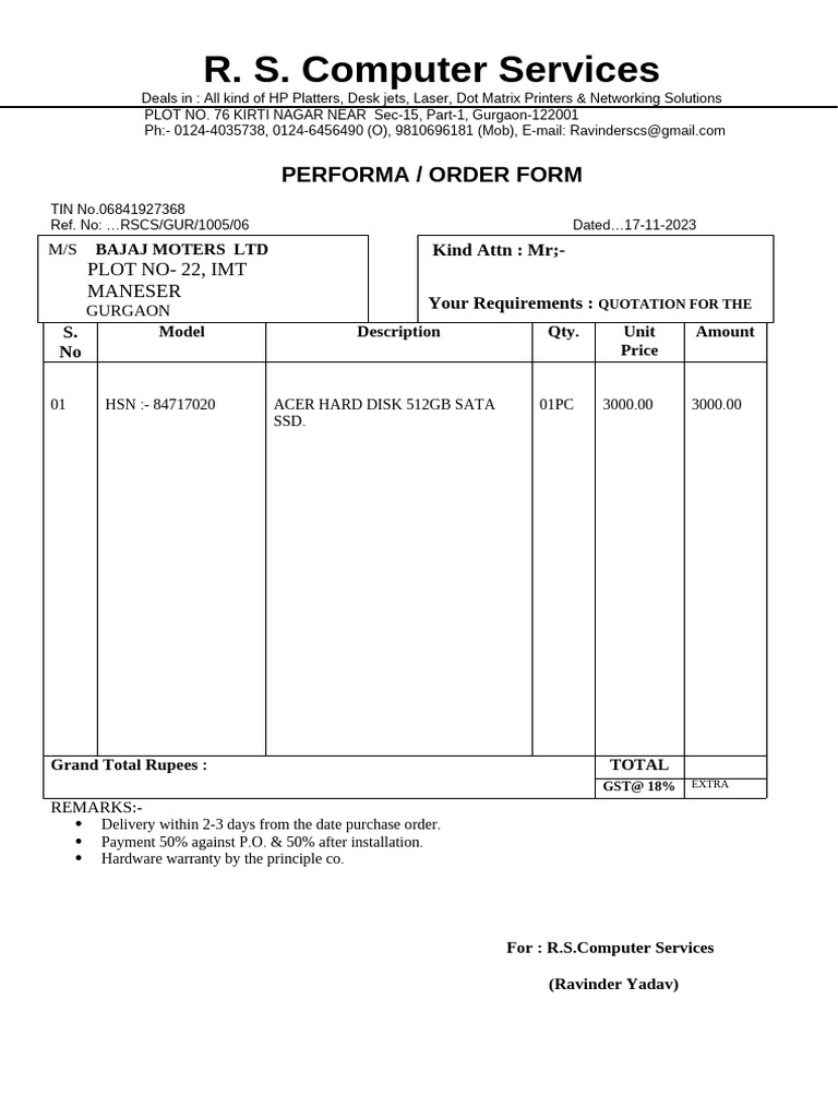 R. S. Computer Services: Performa / Order Form | PDF