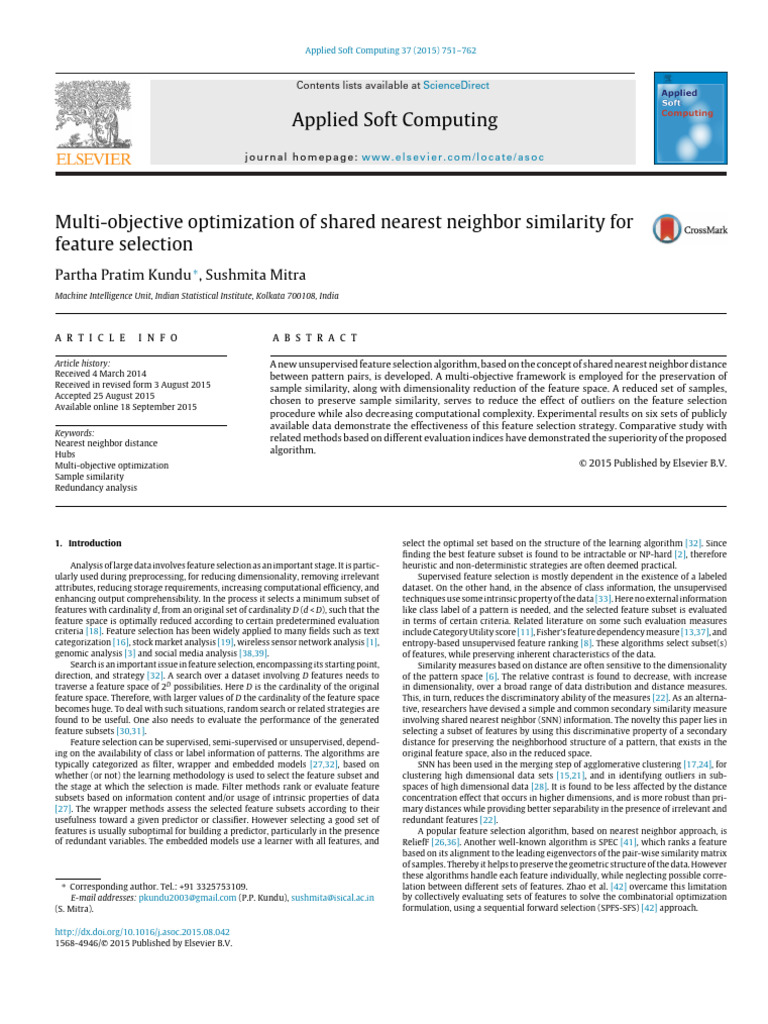 2015 Elsevier Multi Objective Optimization of Shared Nearest Neighbor Similarity For Feature ...