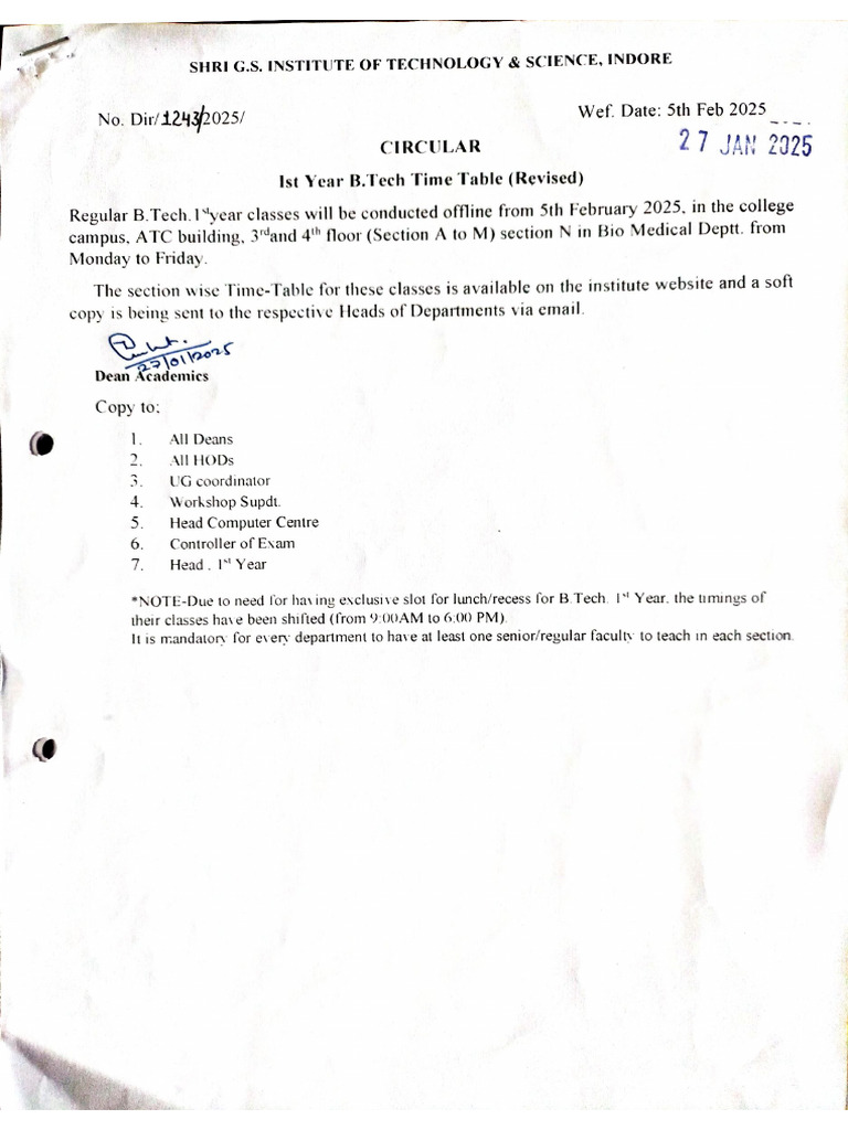 1st Year B. Tech Time Table (Revised) | PDF