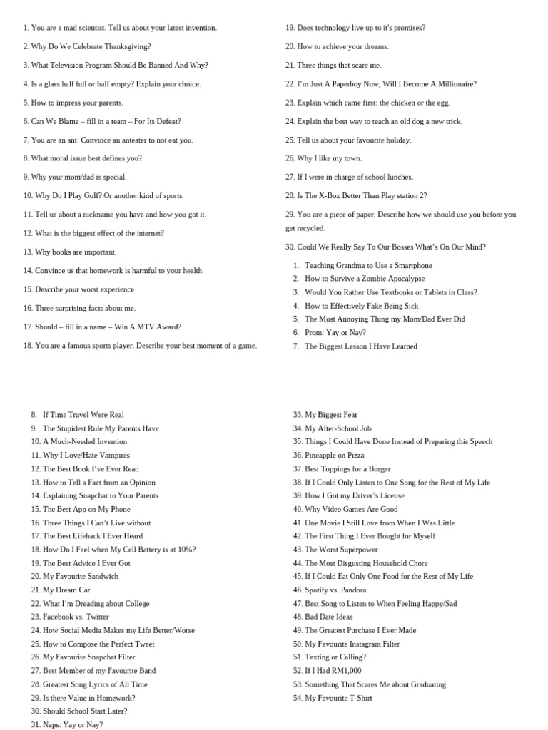 Impromptu Speech Topics | PDF