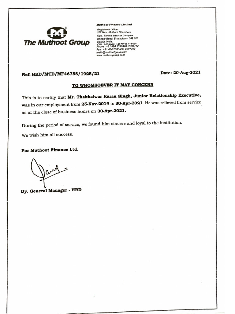 Releaving Letter Muthoot | PDF