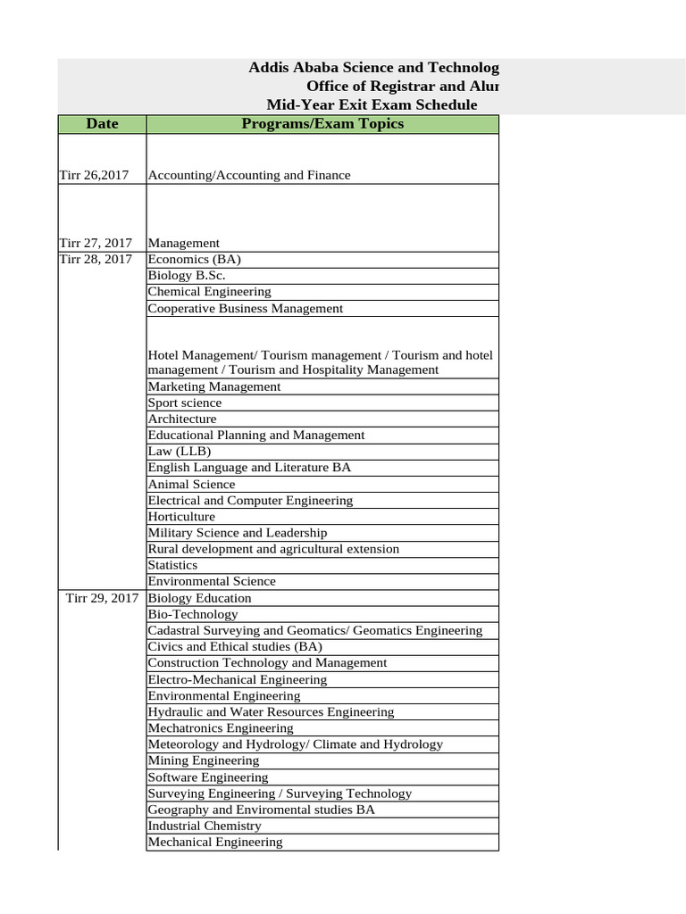AASTU Mid - Year Exit Exam Schedule | PDF | Engineering | Science