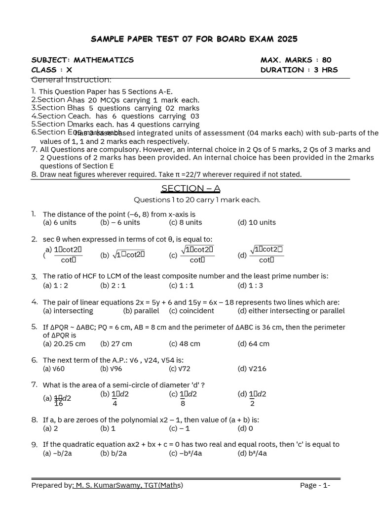 Maths Class X Sample Paper Test 07 For Board Exam 2025 QP PDF | PDF ...