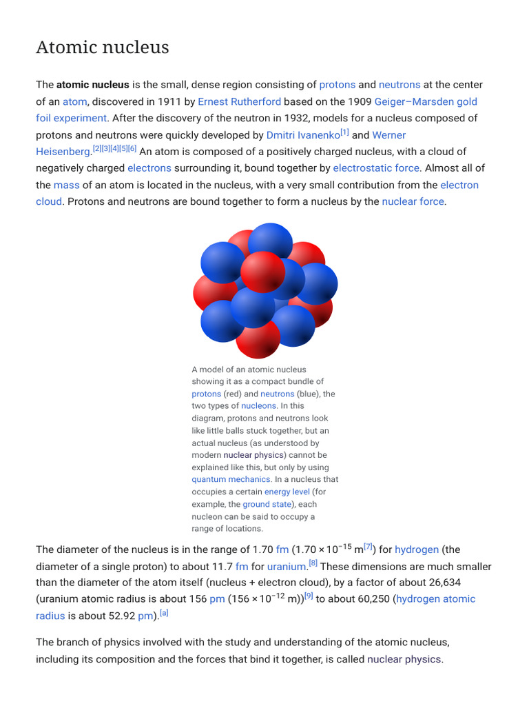 Atomic Nucleus - Wikipedia | PDF | Atomic Nucleus | Neutron