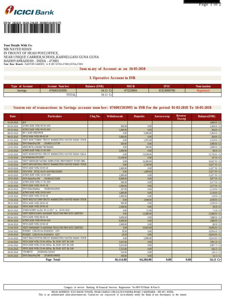 Icici Bank Statement PDF Download | PDF | Banks | Financial Technology