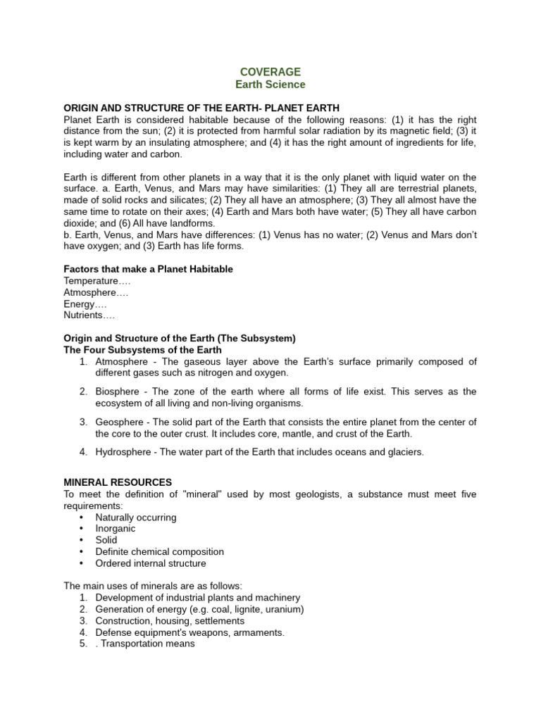 Coverage Shs Earth Science | PDF | Magma | Earth