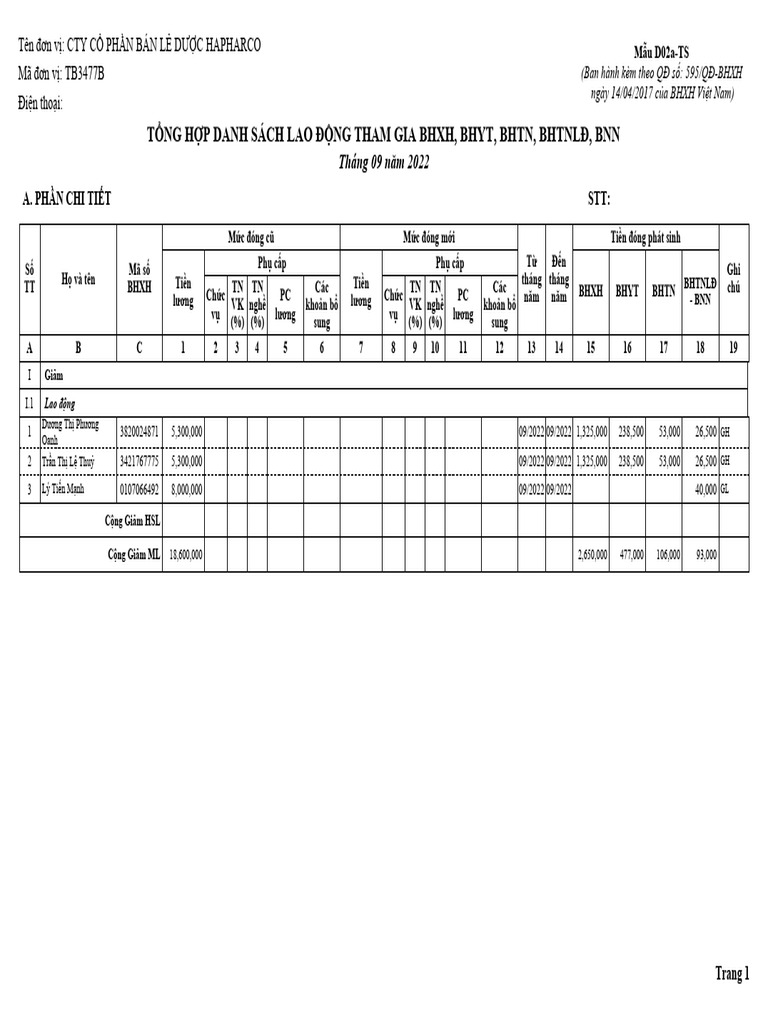 T NG H P Danh Sách Lao Đ NG Tham Gia BHXH, Bhyt, BHTN, BHTNLĐ, BNN | PDF