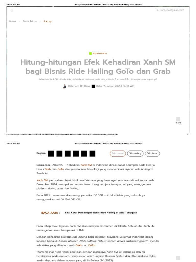 Hitung-hitungan Efek Kehadiran Xanh SM bagi Bisnis Ride Hailing GoTo dan Grab | PDF