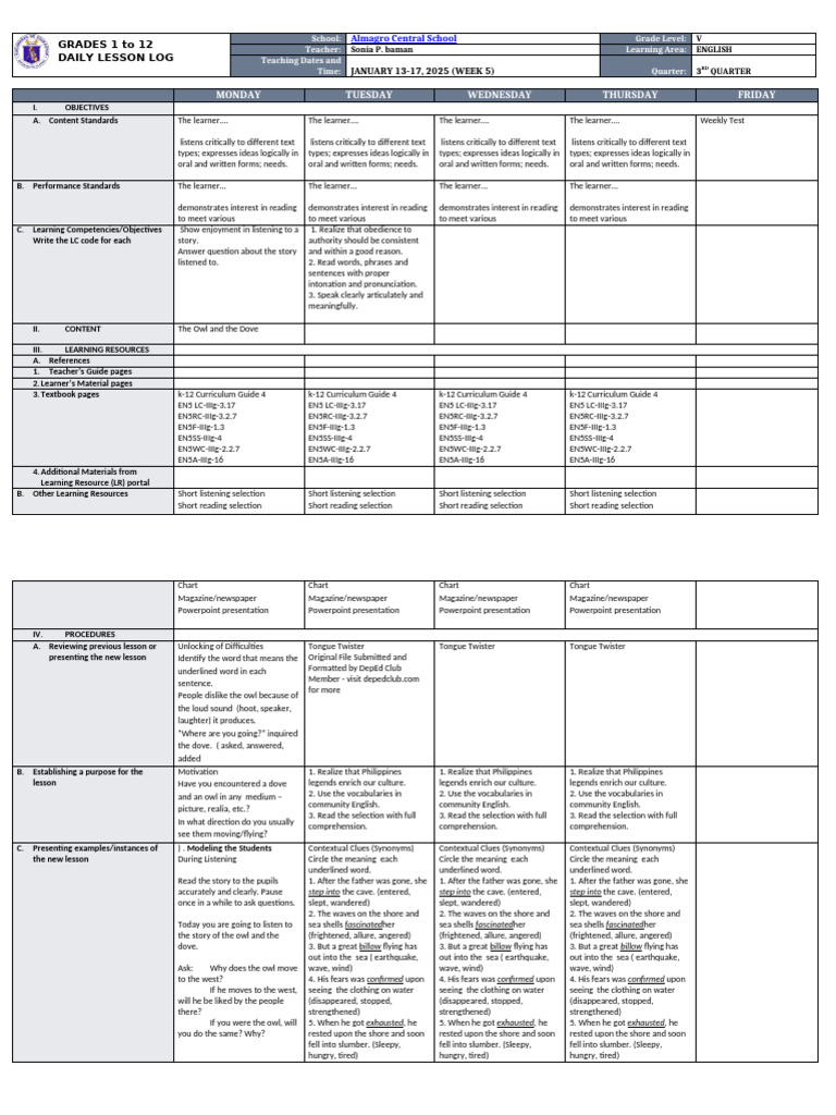 DLL - English 5 - Q3 - W6 | PDF | Curriculum | Learning