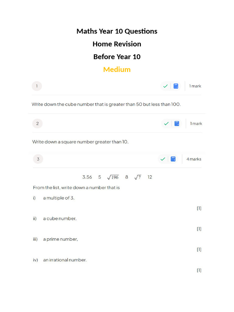 Maths Year 10 Questions (Medium) | PDF