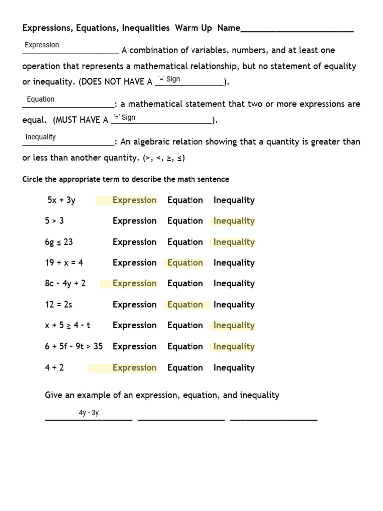 Algebraic Expression Starter | PDF