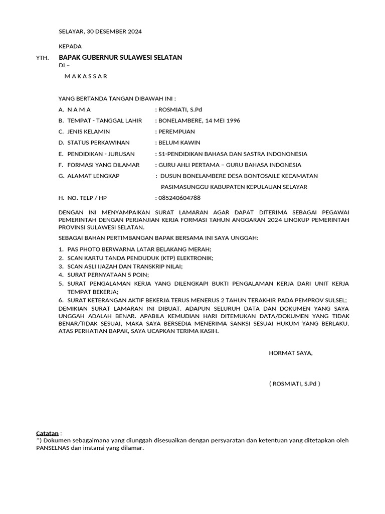 Format Surat Lamaran PPPK 2024 | PDF