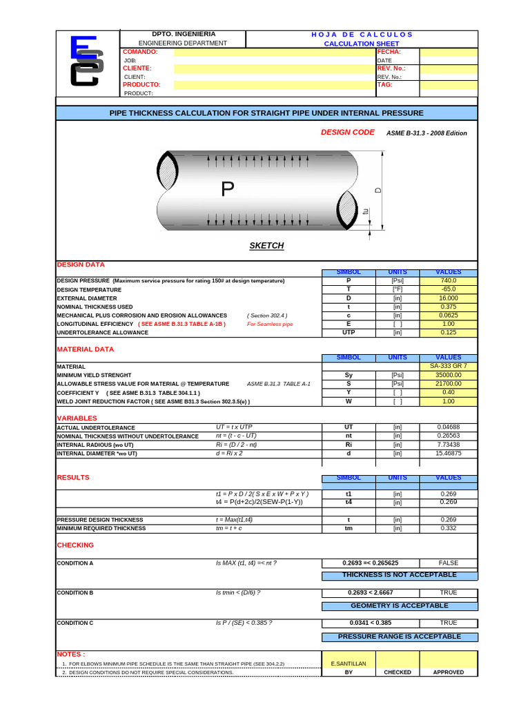 Pipe Thickness Calculation For Straight Pipe Under Internal Pressure | PDF | Pipe (Fluid ...