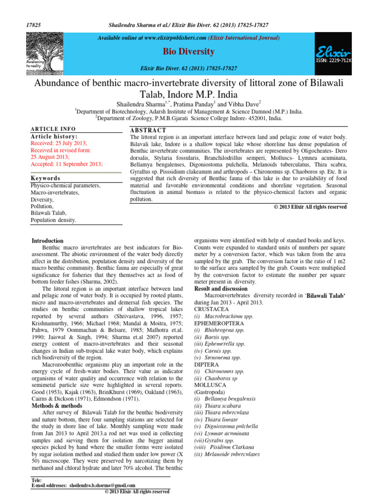 Abundance of Benthic Macro-Invertebrate Diversity of Littoral Zone of Bilawali Talab, Indore M.P ...